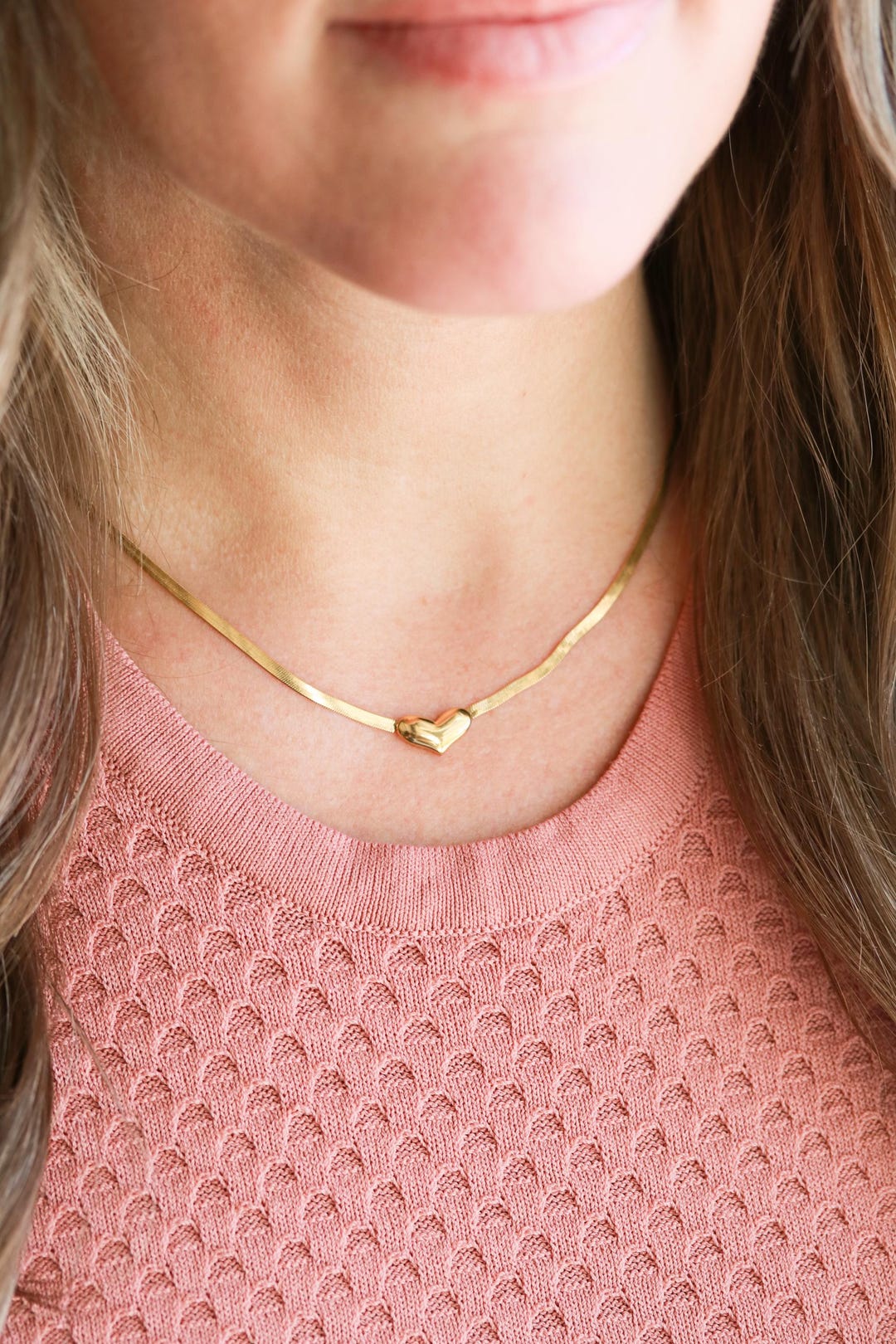 Herringbone Heart Necklace - Valentines Gift 14k Gold Heart Necklace ...