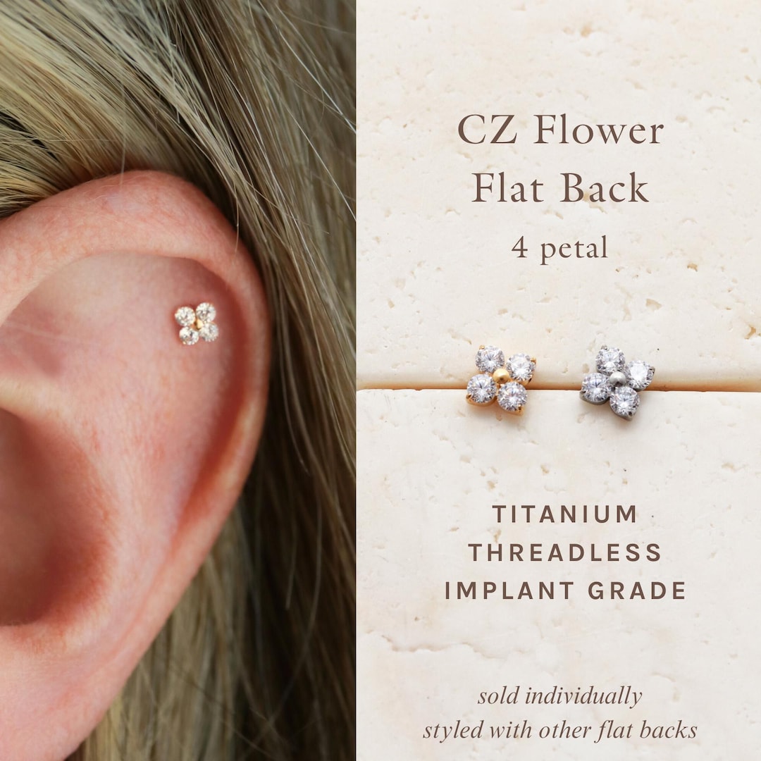 Flower Flat Back Earrings - Threadless Titanium Stud, Tiny CZ Flower ...