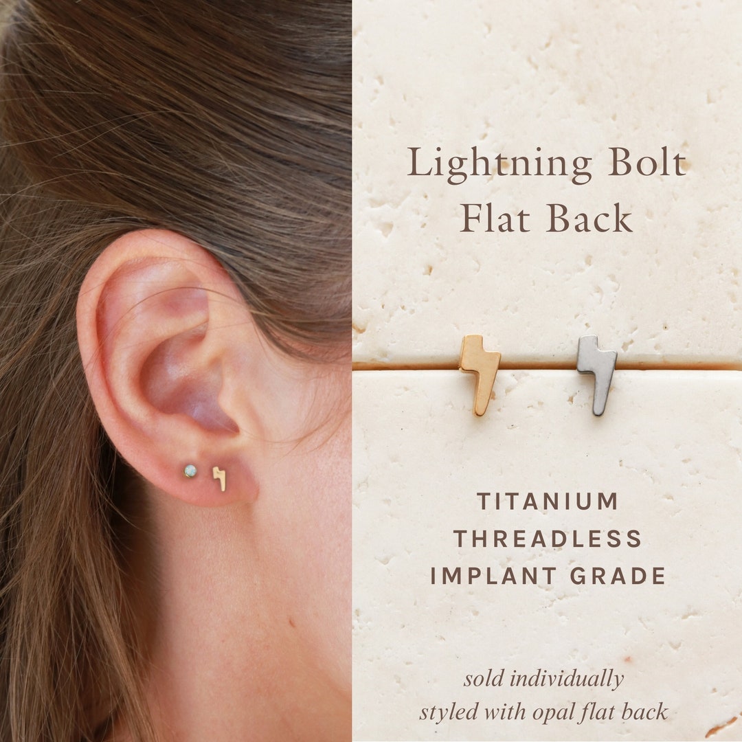 Lightning Bolt Flat Back Stud - Titanium Earrings, Threadless Push Pin ...