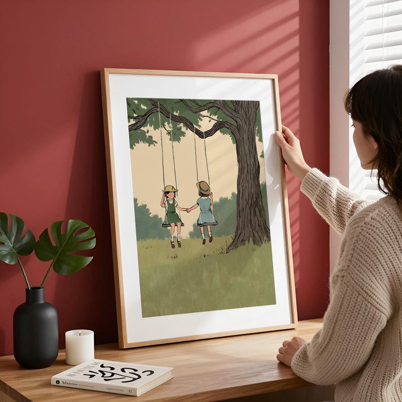Cottagecore Girls on Swings Print - Nostalgic Children's Art (digital ...