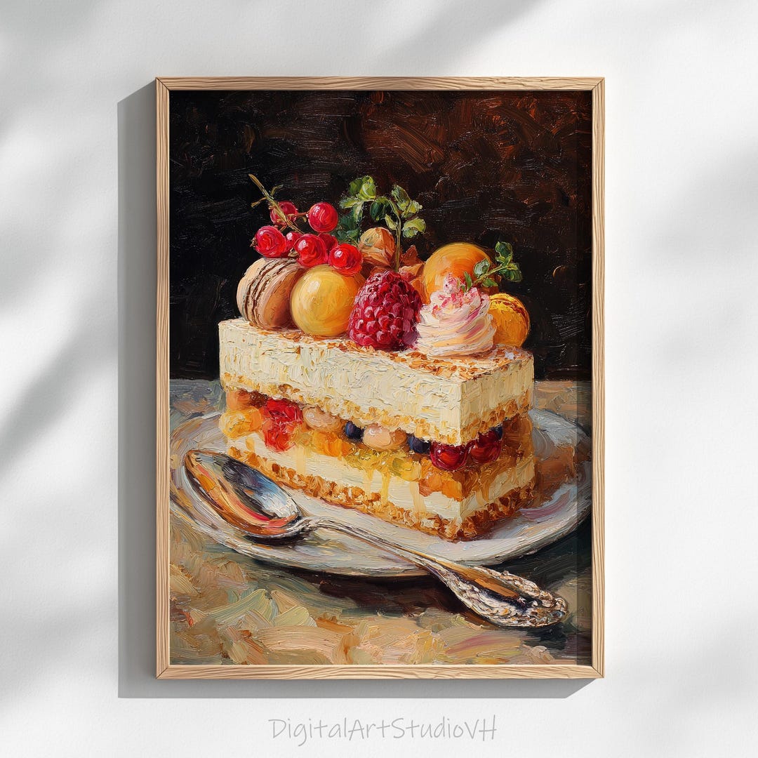 Vintage Dessert Still Life Art Print – Raspberry Cake Painting (digital ...