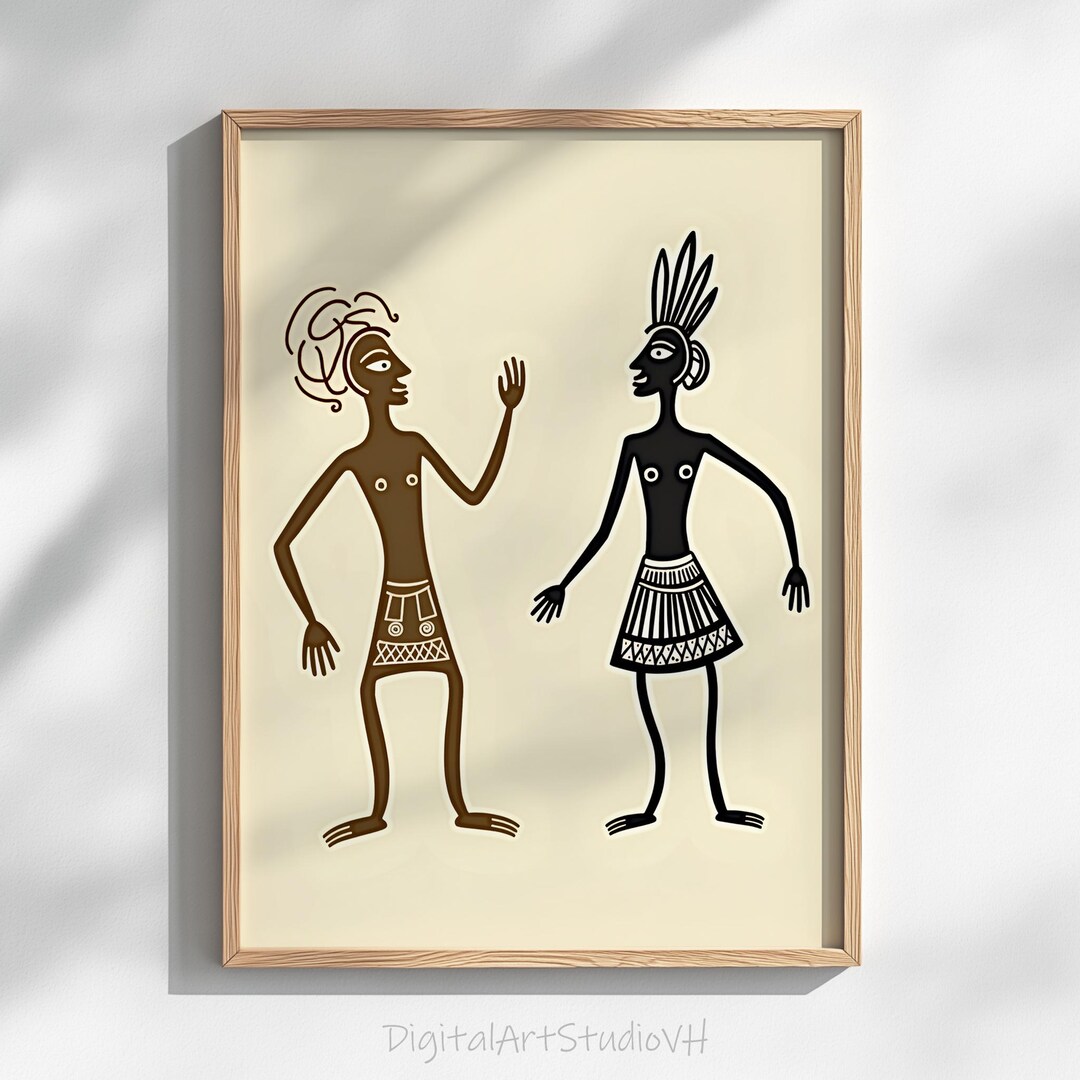 Earthy Folk Art Figures - Rustic Colorful Watercolor Print, Boho-style ...