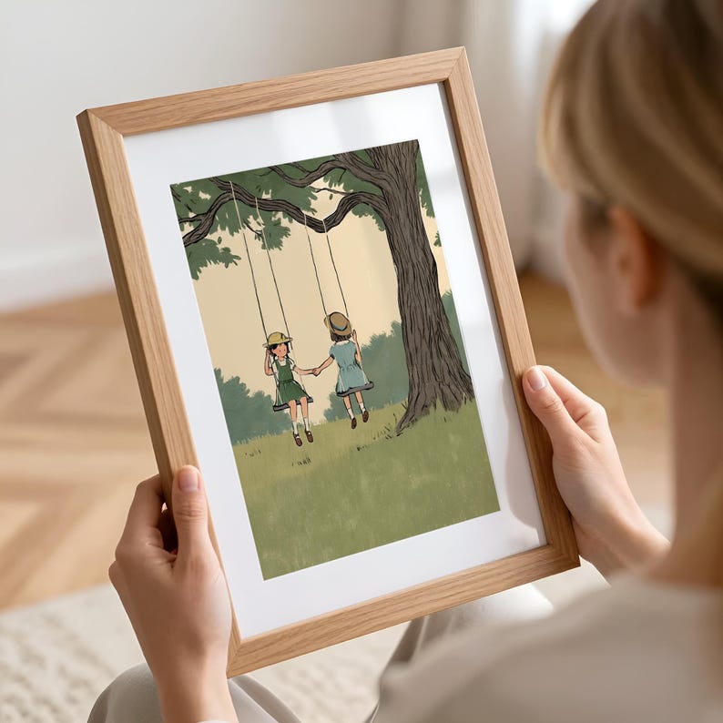 Cottagecore Girls on Swings Print - Nostalgic Children's Art (digital ...