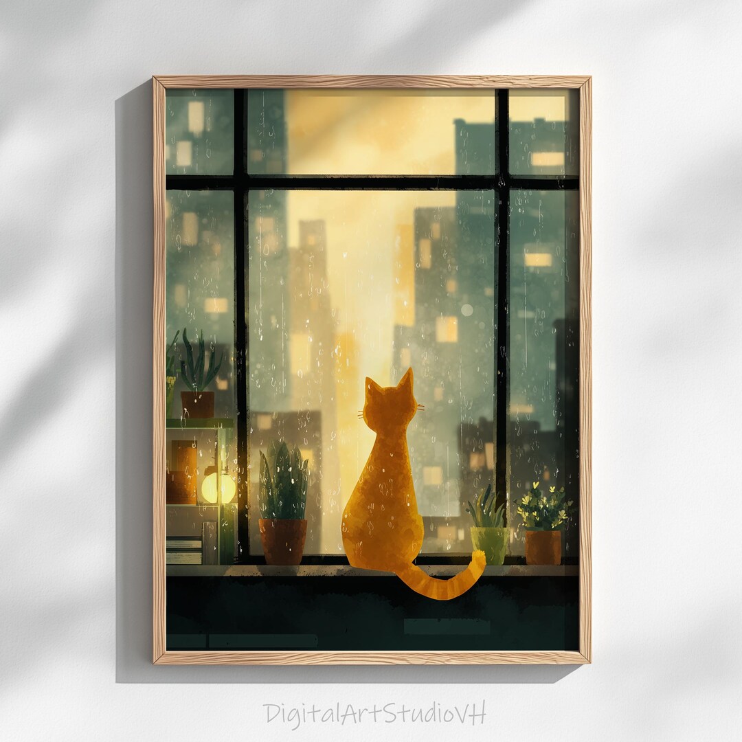 Cozy Printable Cat Art - Moody Rainy Day Scene With Orange Cat ...