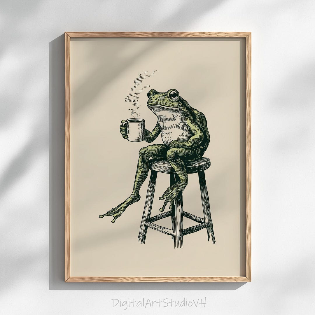 Vintage Frog With Coffee Mug Art Print – Quirky Anthropomorphic ...