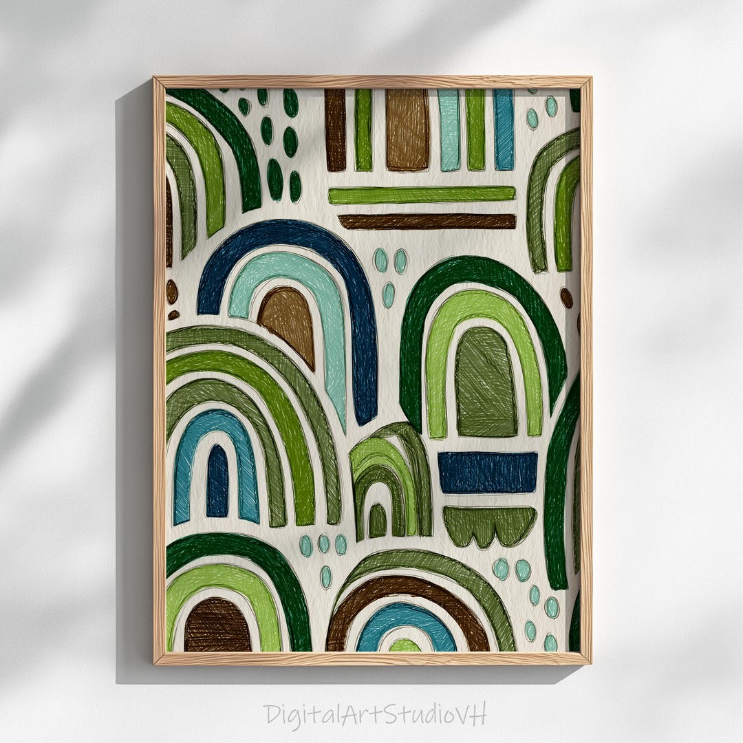 Colorful Retro-modern Rainbow Pattern Wall Art - Boho Doodle Style ...