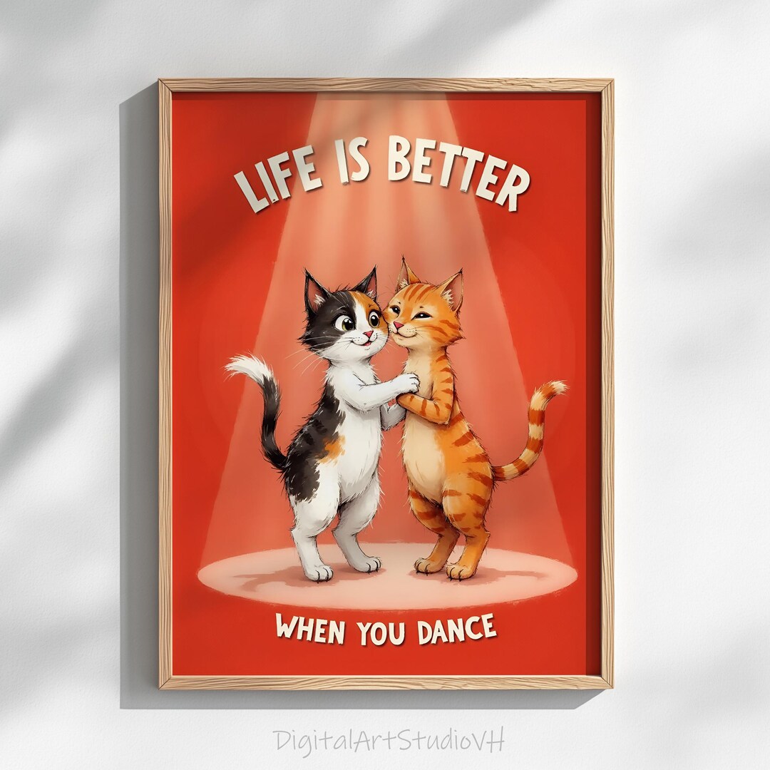 Dancing Cats Watercolor Printable - Playful Retro Style Wall Art, Cute ...