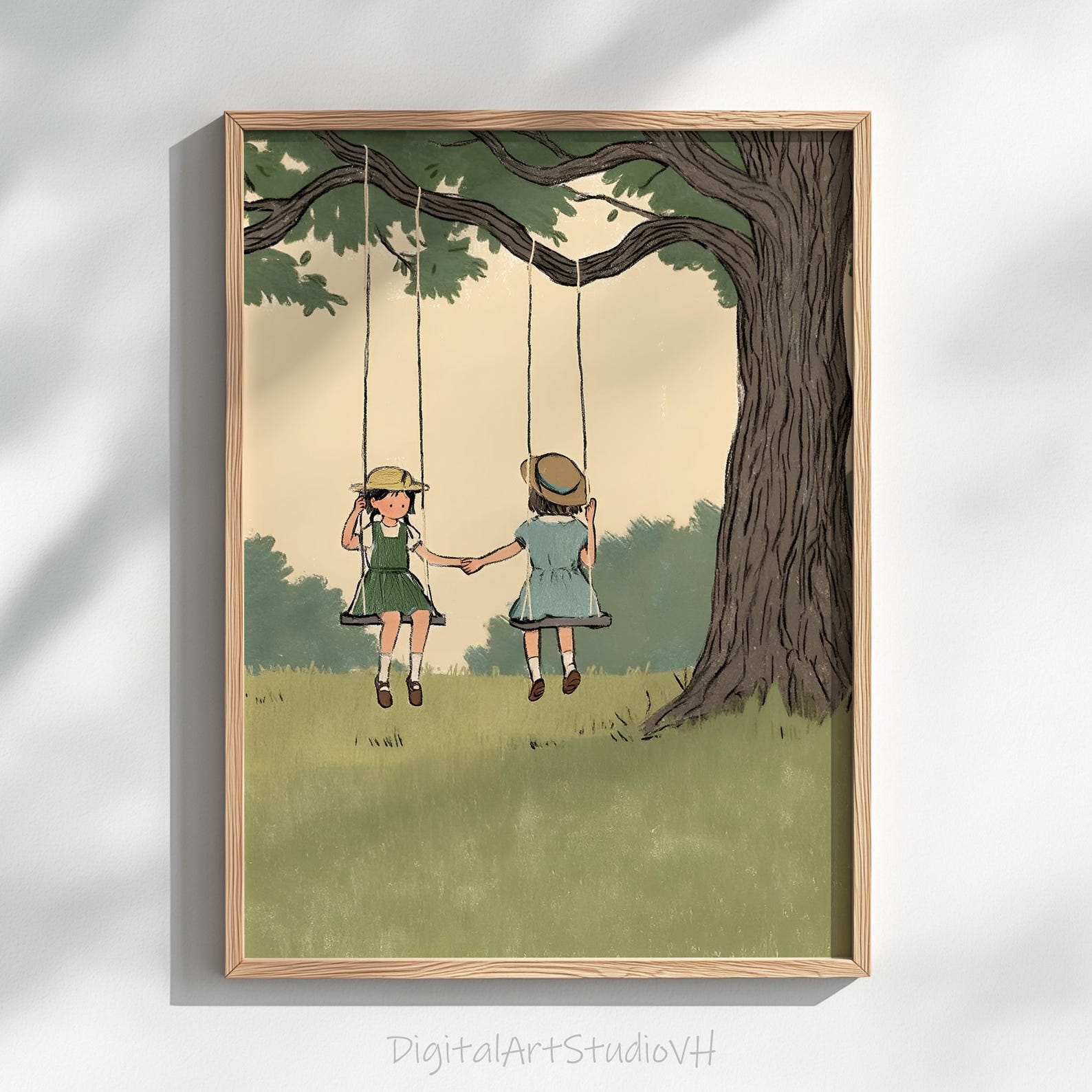 Cottagecore Girls on Swings Print - Nostalgic Children's Art (digital ...