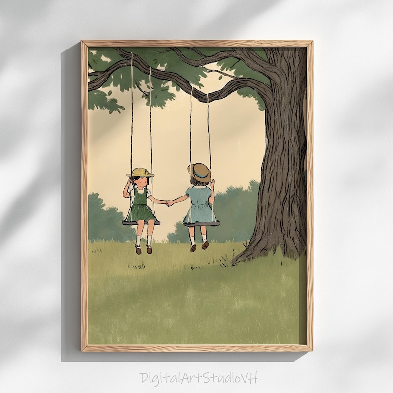 Cottagecore Girls on Swings Print - Nostalgic Children's Art (digital ...
