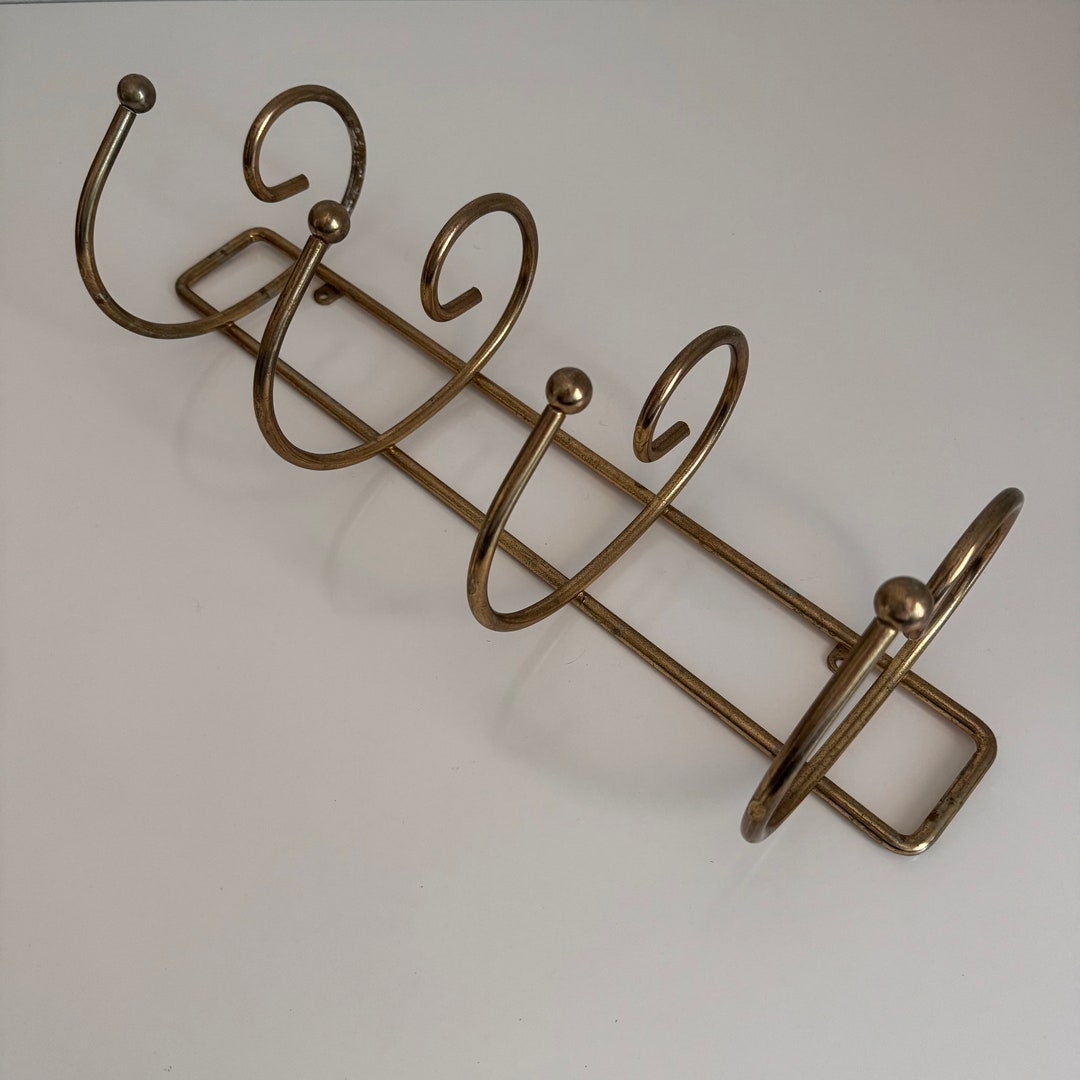 VINTAGE Brass Tone Metal Wall Mount COAT and Hat RACK Aged Rustic ...