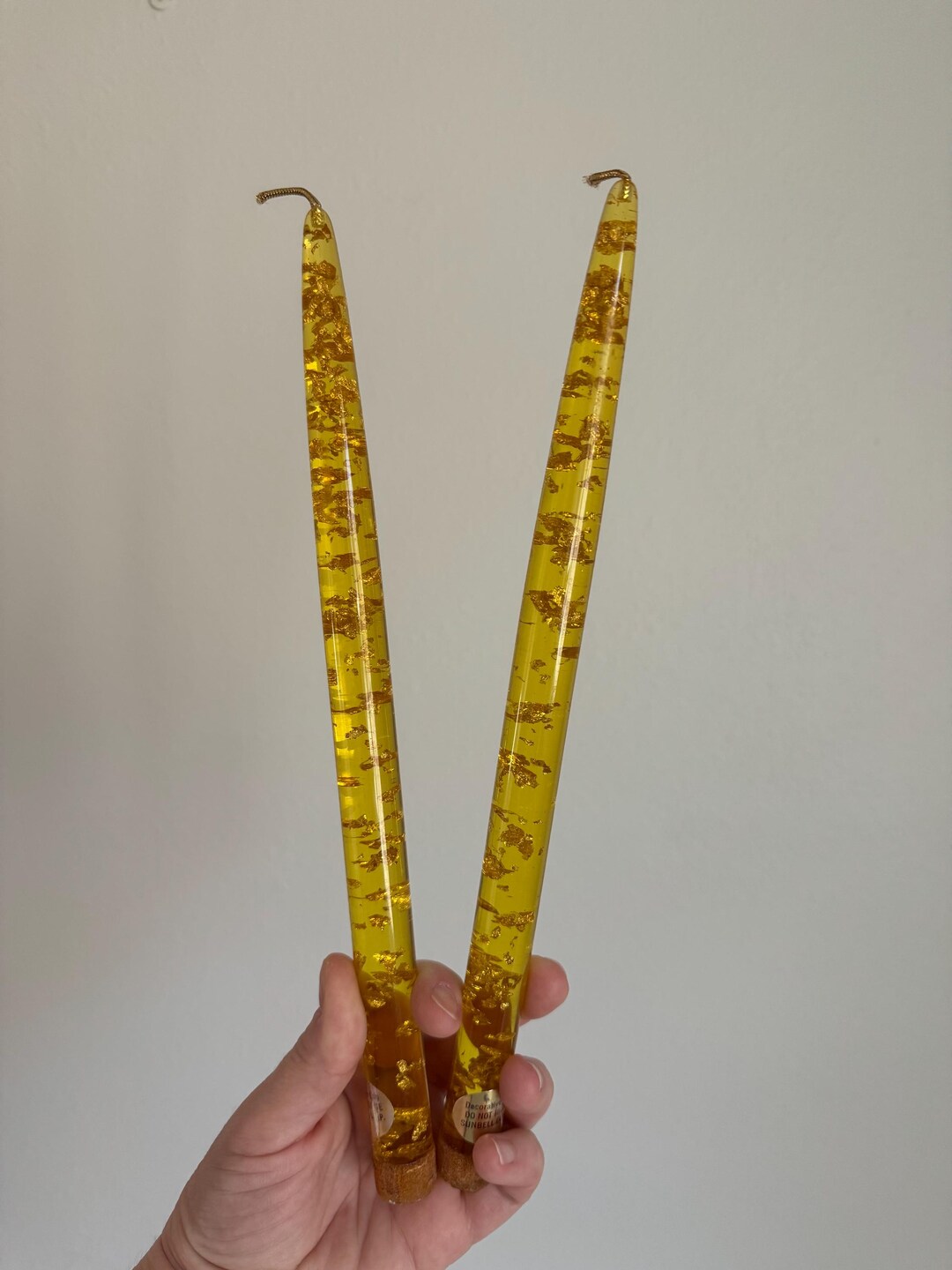 VINTAGE Pair of 60s Yellow LUCITE Gold Flake Taper CANDLES Decorative ...