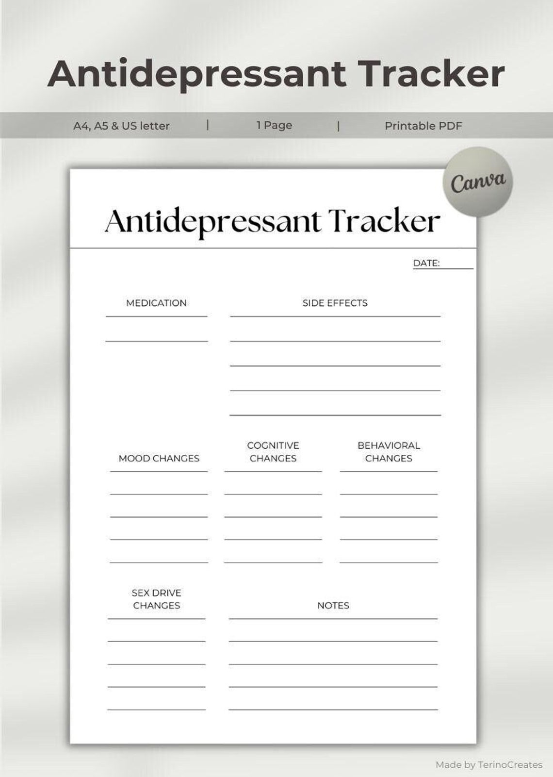 Printable Antidepressant Tracker, Daily Medication Tracker, Side ...