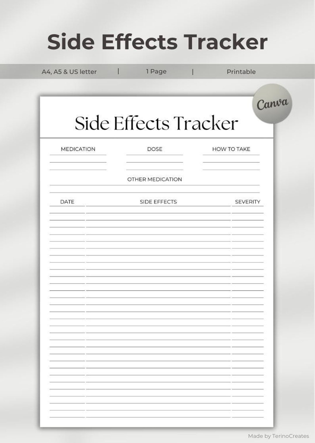 Printable Side Effects Tracker, Chronic Illness Tracker, Medical ...