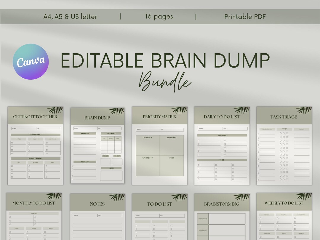 Editable Brain Dump Bundle, Canva Printable Monthly Planner Template ...