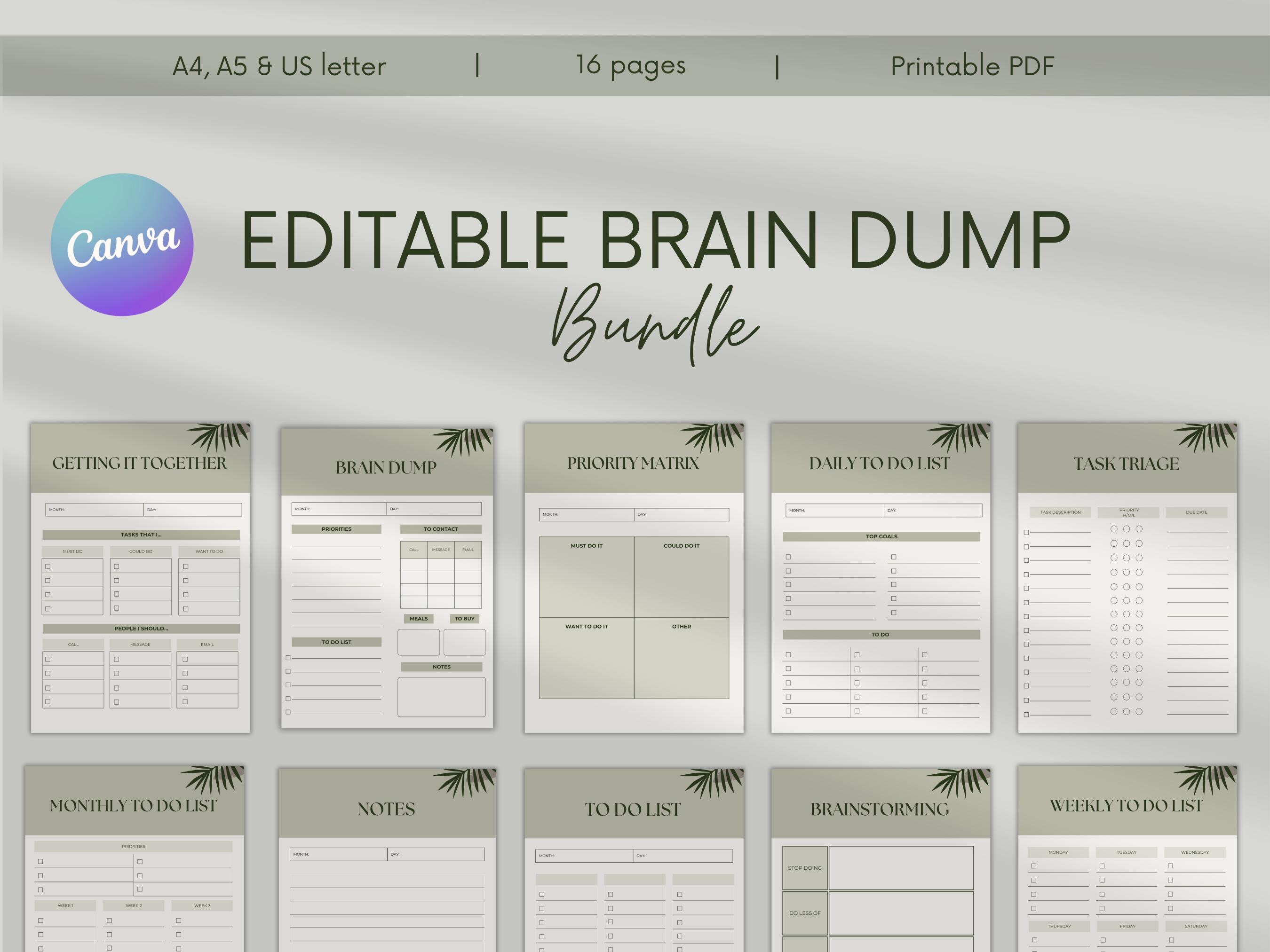 Editable Brain Dump Bundle, Canva Printable Monthly Planner Template ...