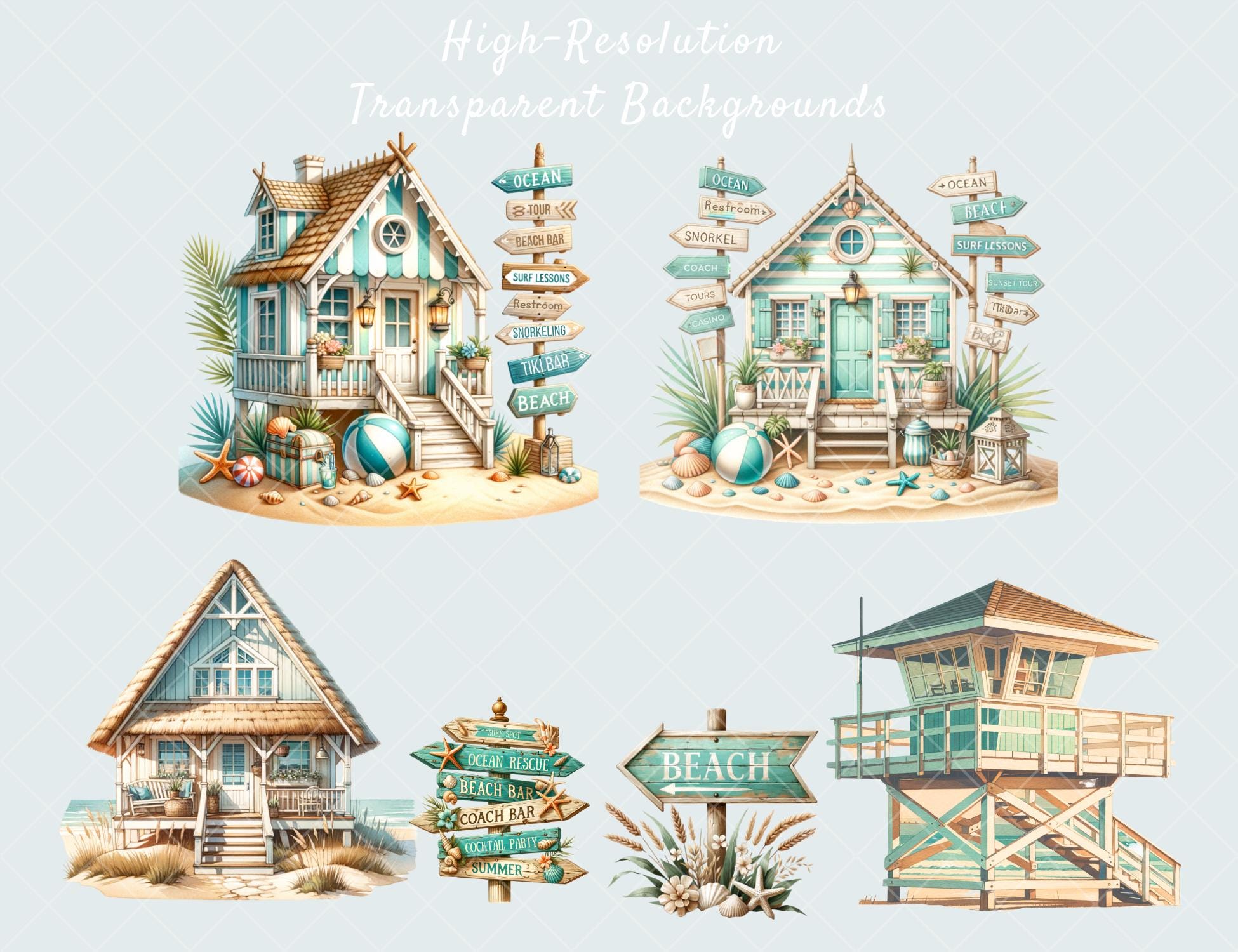 Coastal Watercolor Clipart: Beach Daydreams PNG Graphics (commercial ...
