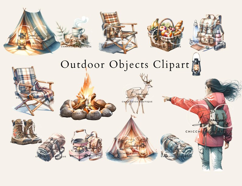 Watercolor Camping Clipart: Outdoor Adventure PNG, SVG, PDF (commercial ...