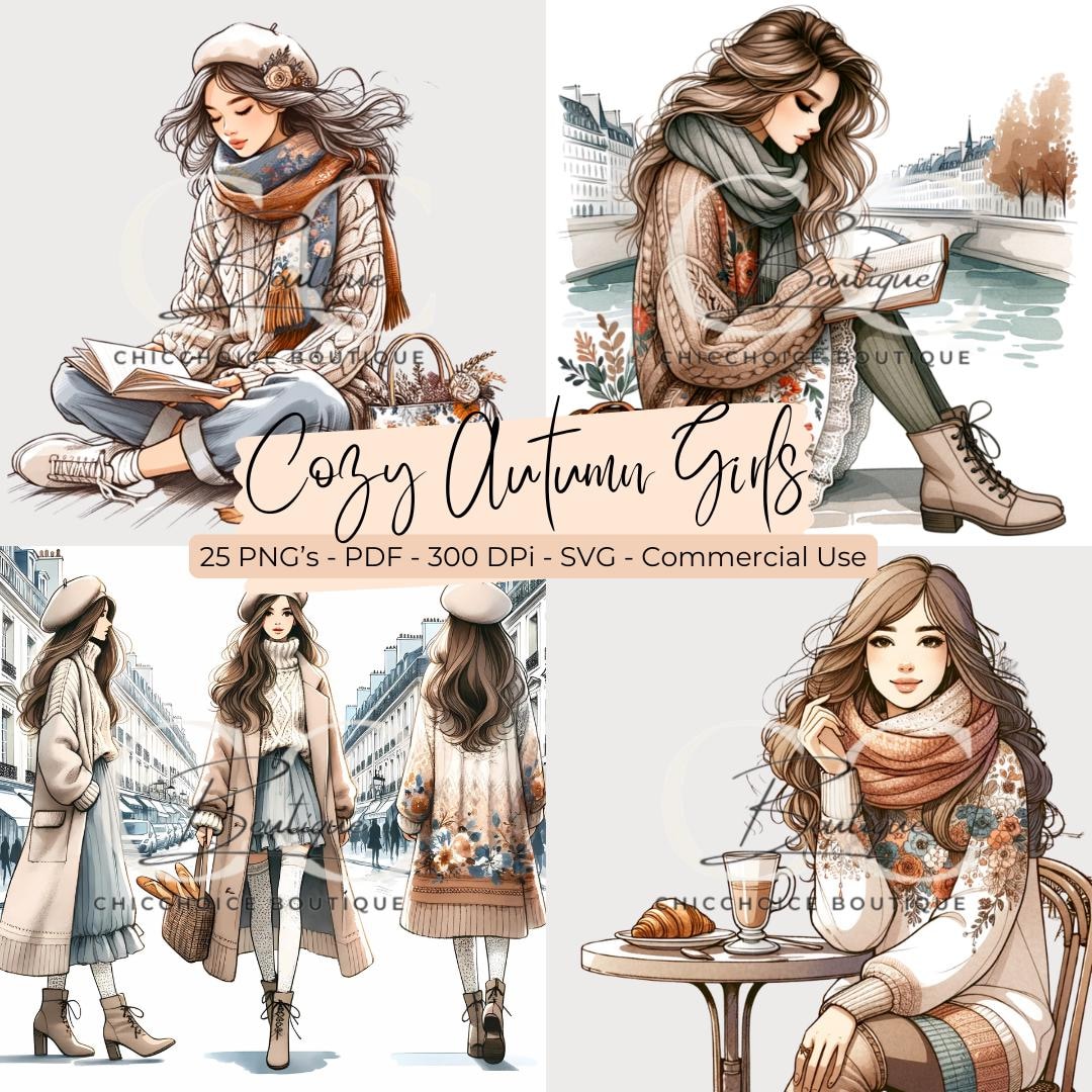 Watercolor Autumn Girls Clipart: Hand-drawn PNG, SVG, PDF - Etsy