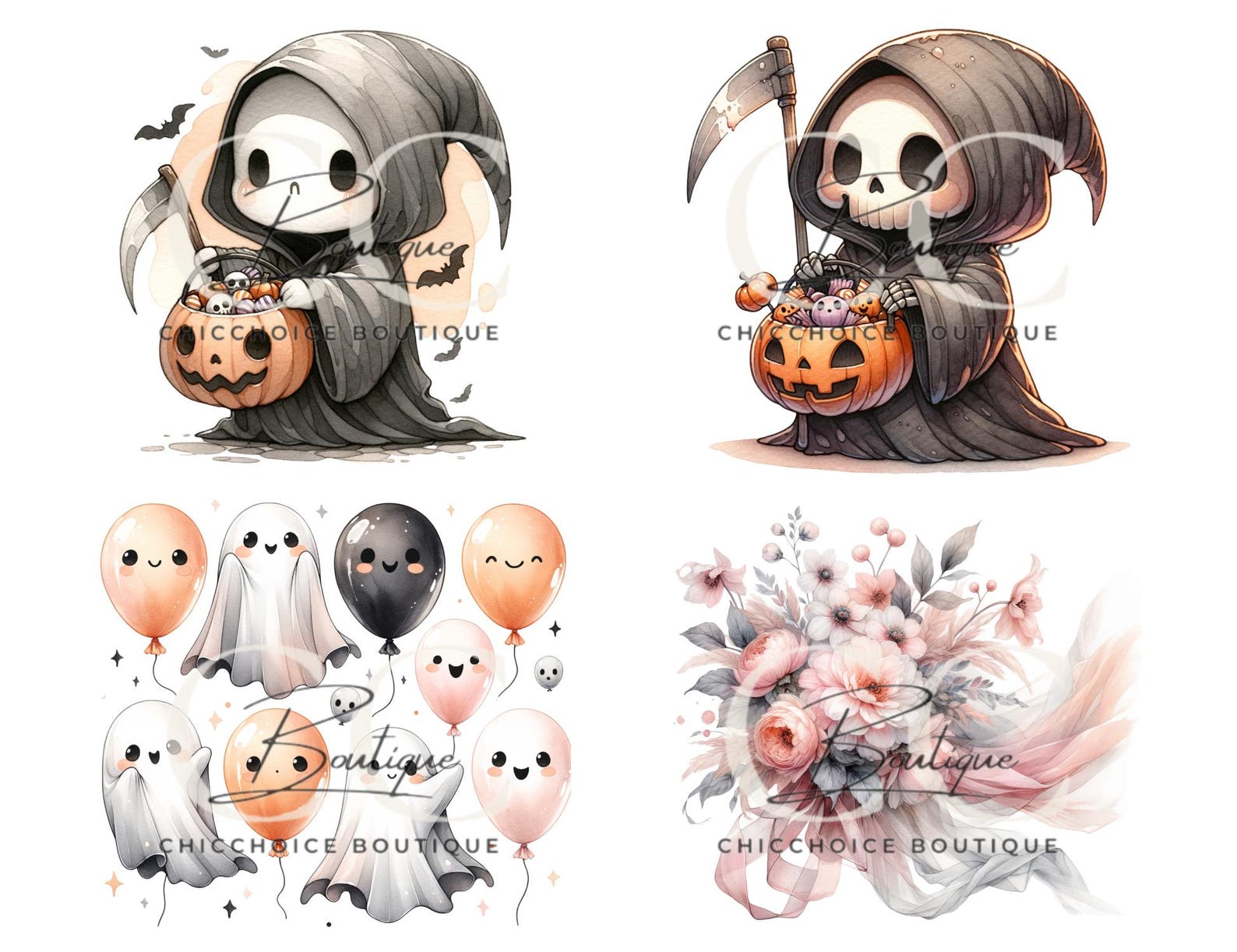 Watercolor Pastel Halloween Clipart Bundle 64 Cute Spooky Pngs Pumpkins ...
