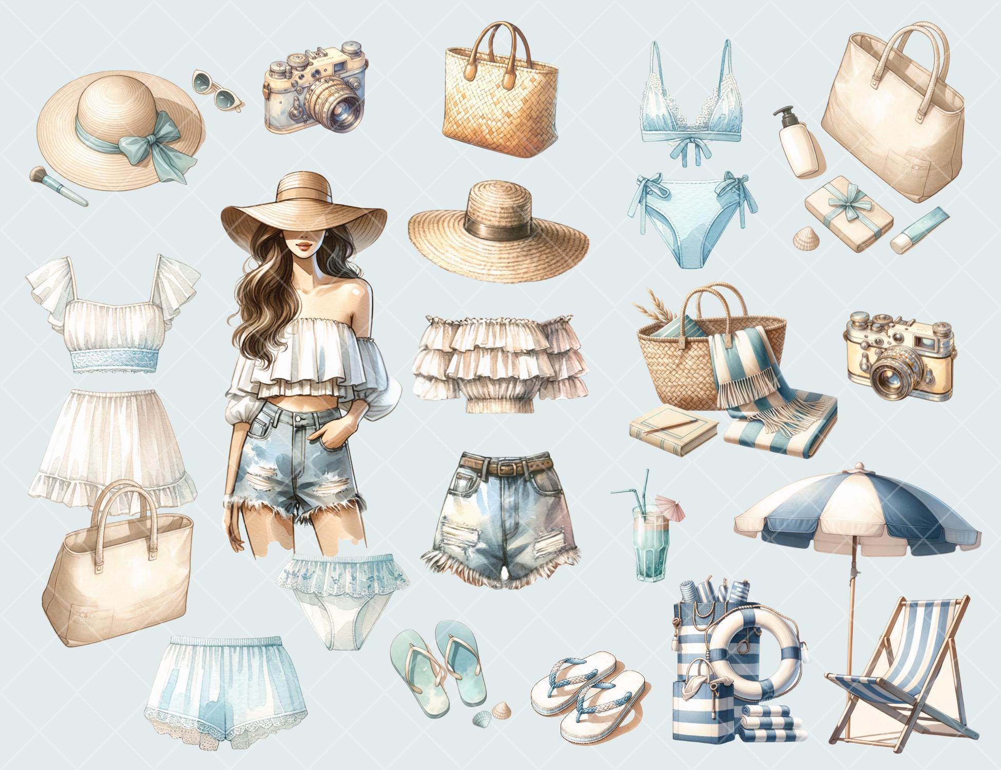 Coastal Watercolor Clipart: Beach Daydreams PNG Graphics (commercial ...