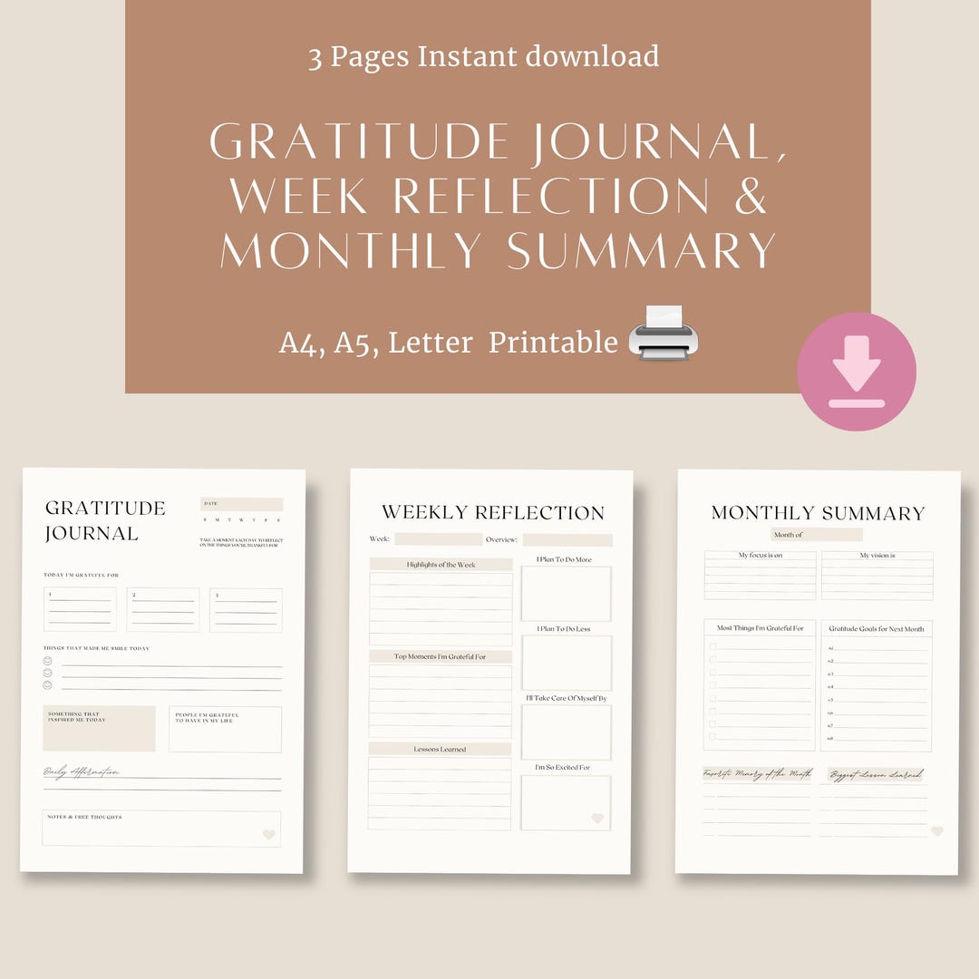 3 Printable Gratitude Journal Set: Gratitude Page, Weekly Reflection ...