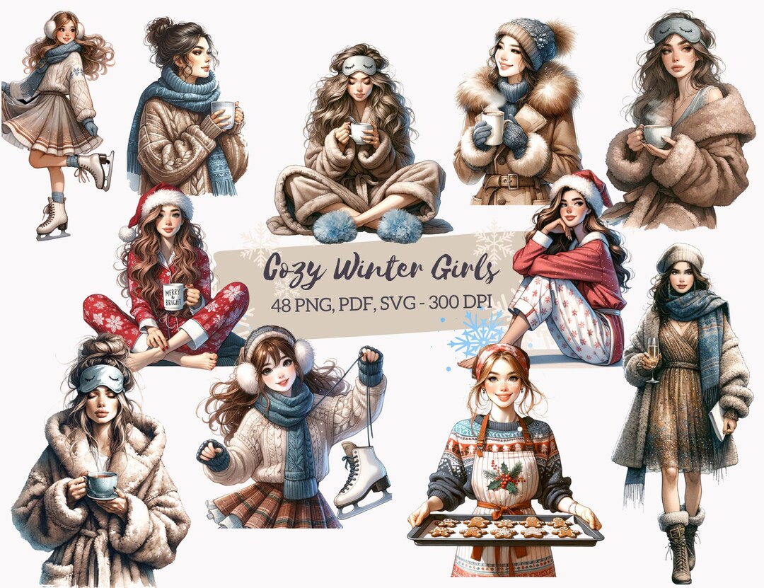 Cozy Winter Girls Watercolor Clipart 48 High-res PNG, PDF, SVG Winter ...