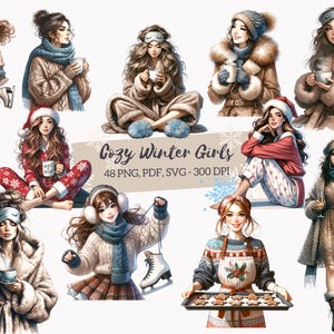 Cozy Winter Girls Watercolor Clipart 48 High-res PNG, PDF, SVG Winter ...