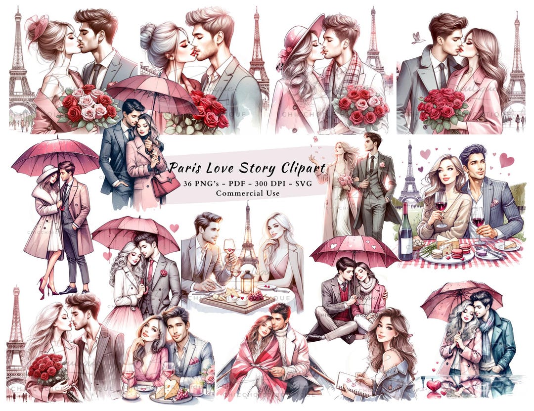 Paris Love Story Watercolor Clipart | Hand-drawn Digital Illustrations ...