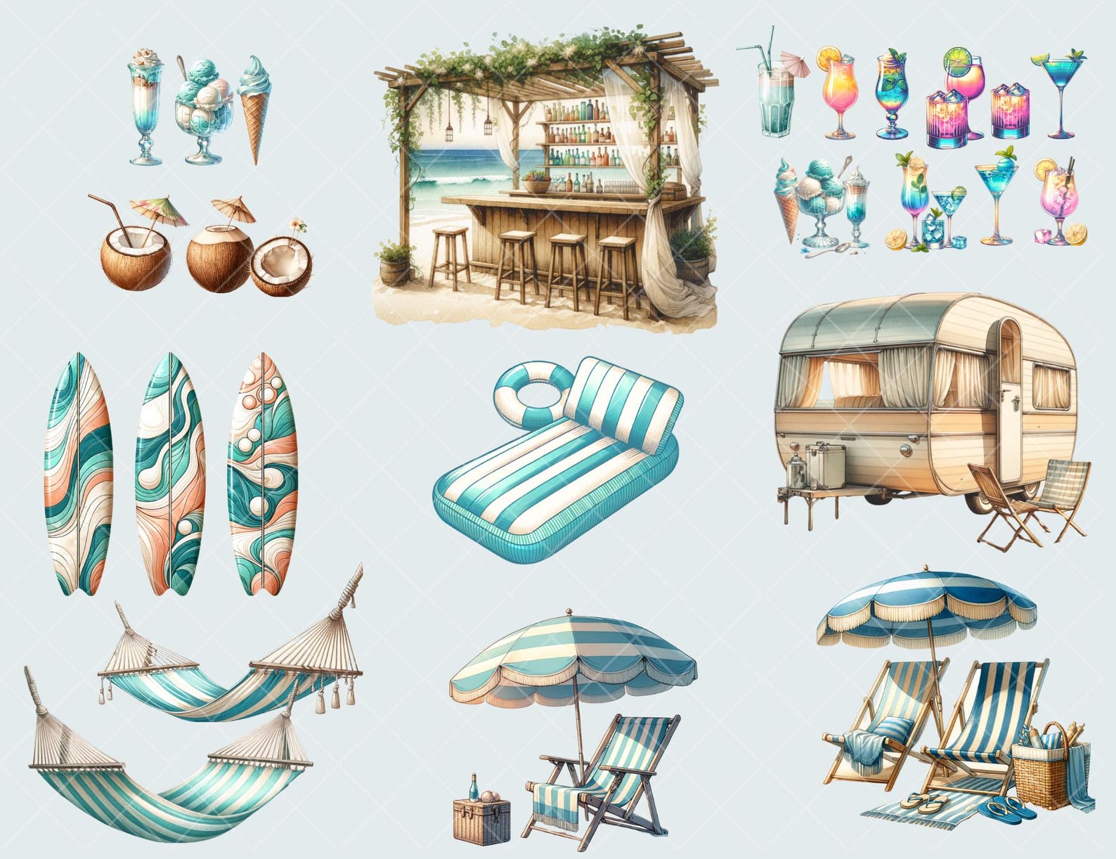 Coastal Watercolor Clipart: Beach Daydreams PNG Graphics (commercial ...