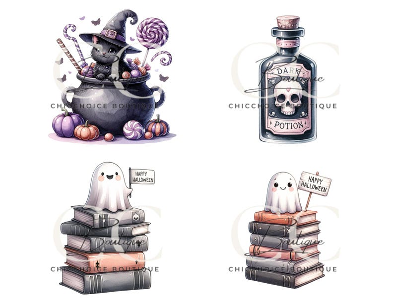 Watercolor Pastel Halloween Clipart Bundle 64 Cute Spooky Pngs Pumpkins ...