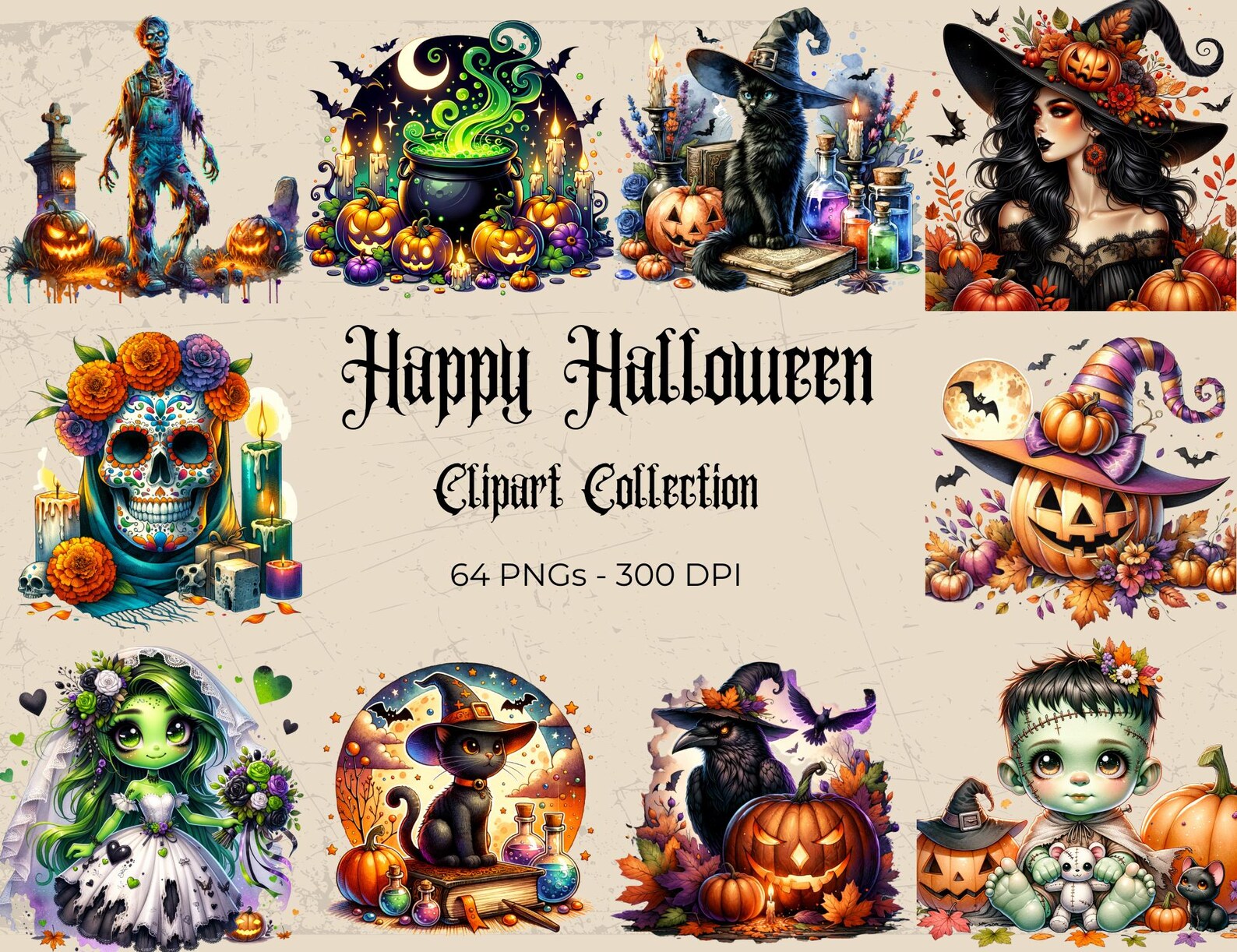Happy Halloween Watercolor Clipart Set 64 Pngs Transparent 12x12 Jack-o ...
