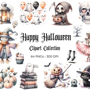Watercolor Pastel Halloween Clipart Bundle 64 Cute Spooky Pngs Pumpkins ...