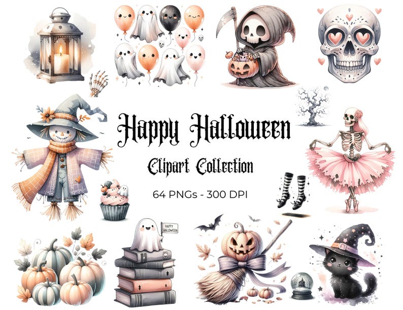 Watercolor Pastel Halloween Clipart Bundle 64 Cute Spooky Pngs Pumpkins ...