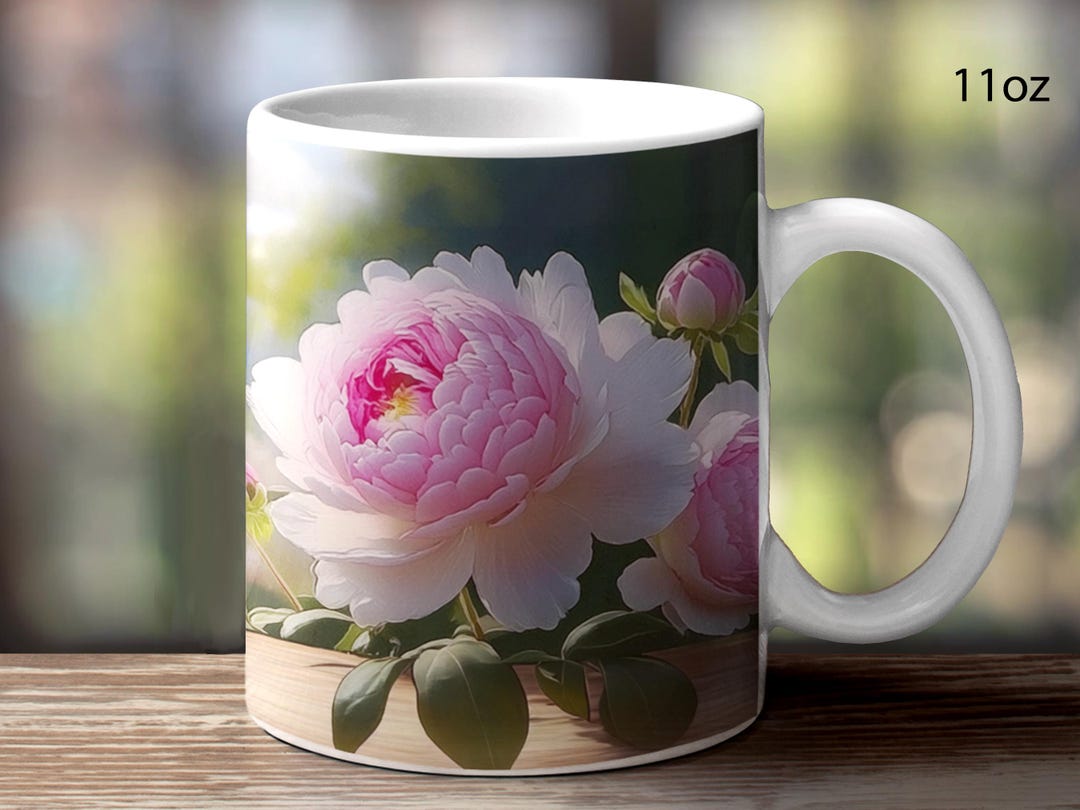 Pretty Coffee Mug With Two Pink Peonies in Sunlight, Perfect Gift for ...