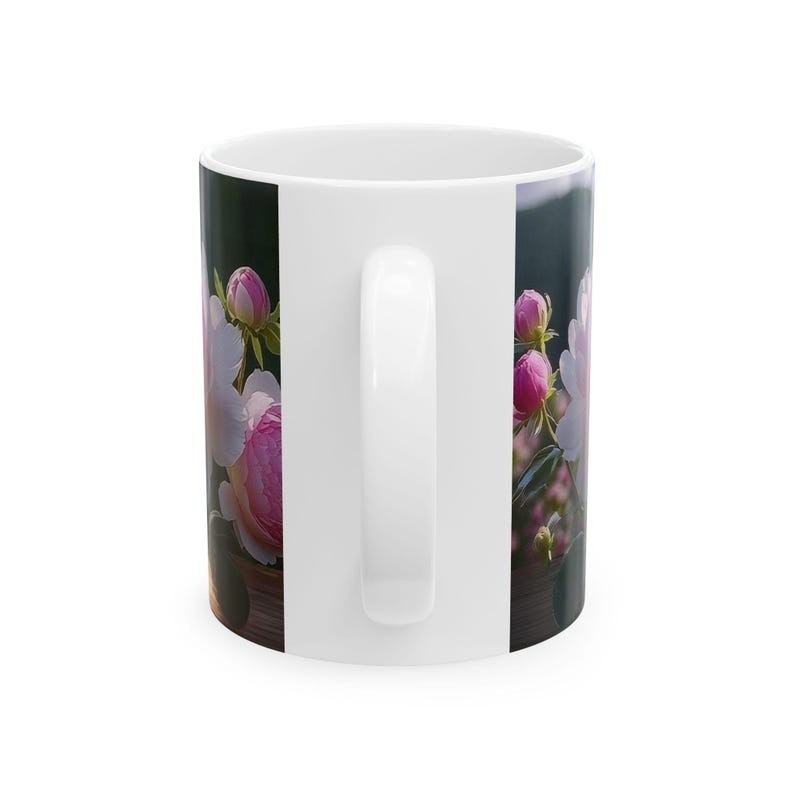 Pretty Coffee Mug With Two Pink Peonies in Sunlight, Perfect Gift for ...