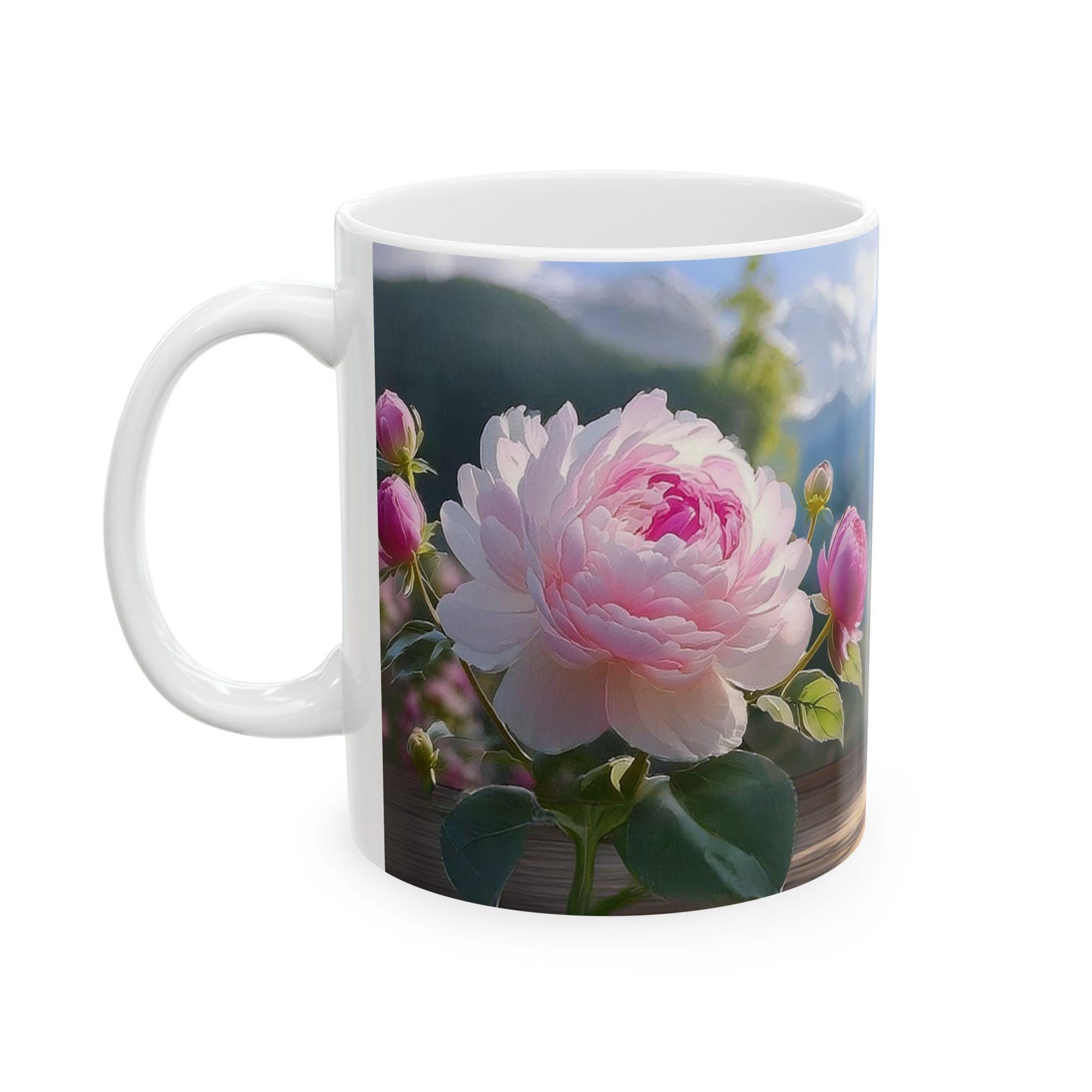 Pretty Coffee Mug With Two Pink Peonies in Sunlight, Perfect Gift for ...