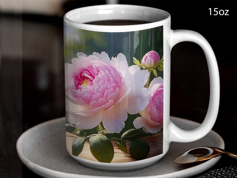 Pretty Coffee Mug With Two Pink Peonies in Sunlight, Perfect Gift for ...
