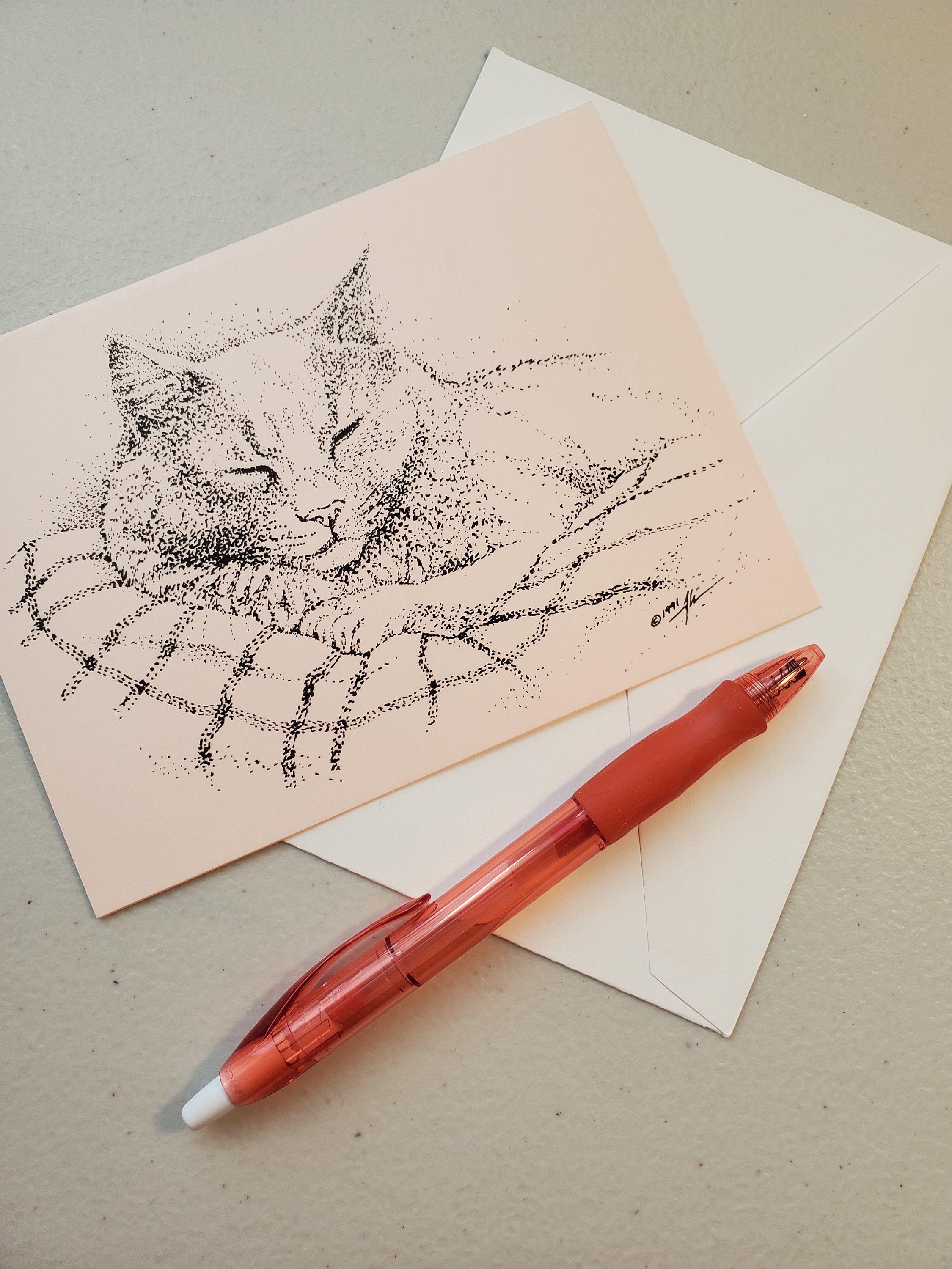 Set of 10 Pointillism Pink Cat Note Cards With Envelopes - Etsy