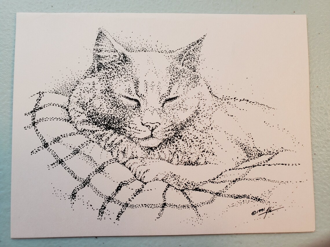 Set of 10 Pointillism Pink Cat Note Cards With Envelopes - Etsy