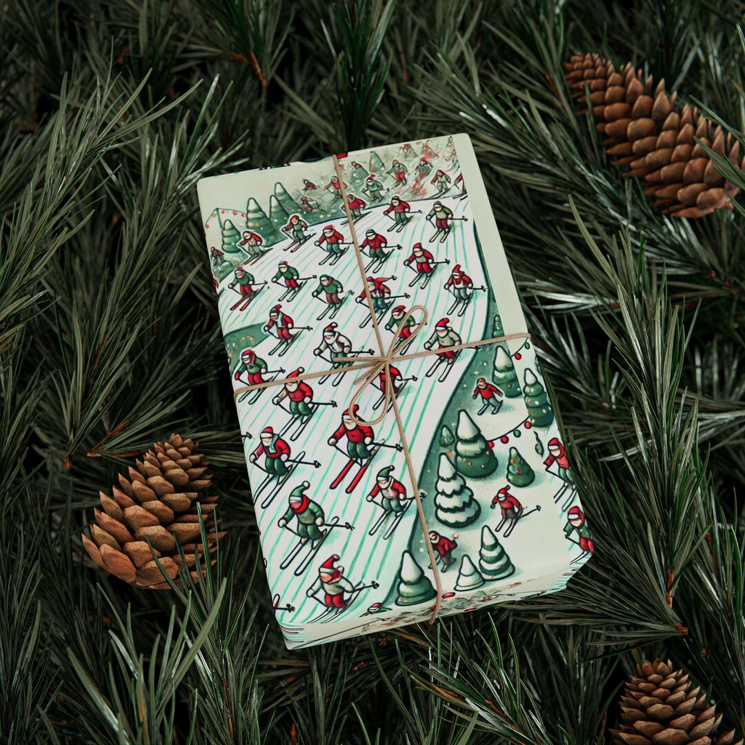Vintage Christmas Ski Wrapping Paper, Retro Santa and Elves Gift Wrap ...