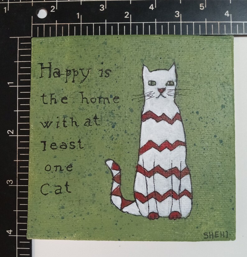 Cat Folk Art, Happy Home Saying, 4 Inch Square, Original Hand Painted ...