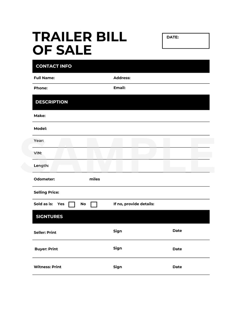 Simple Trailer Bill of Sale Template – Easy to Use & Legal Transfer of ...