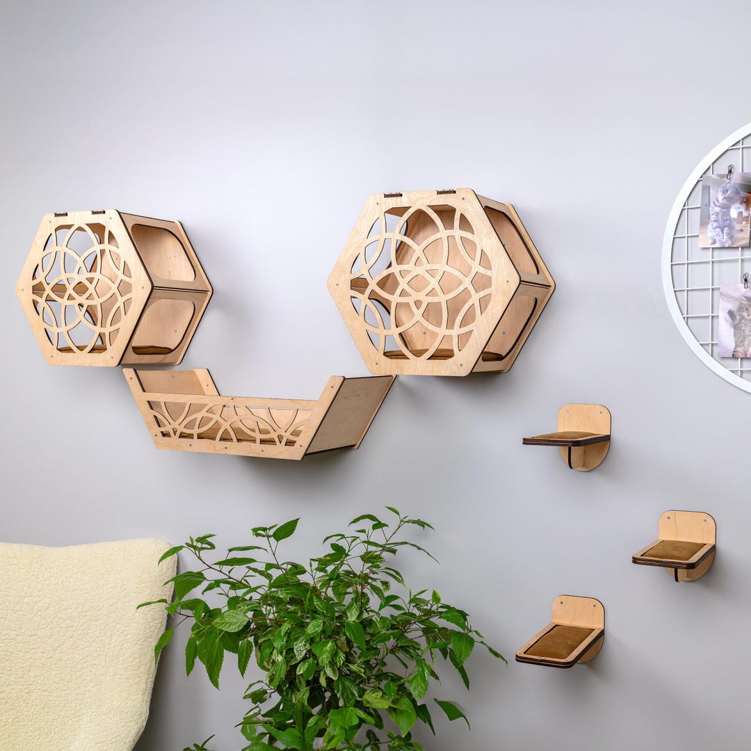 Set Wall Cat Furniture Cat Shelves Wall Hexagon Cat Shelf With Cat ...
