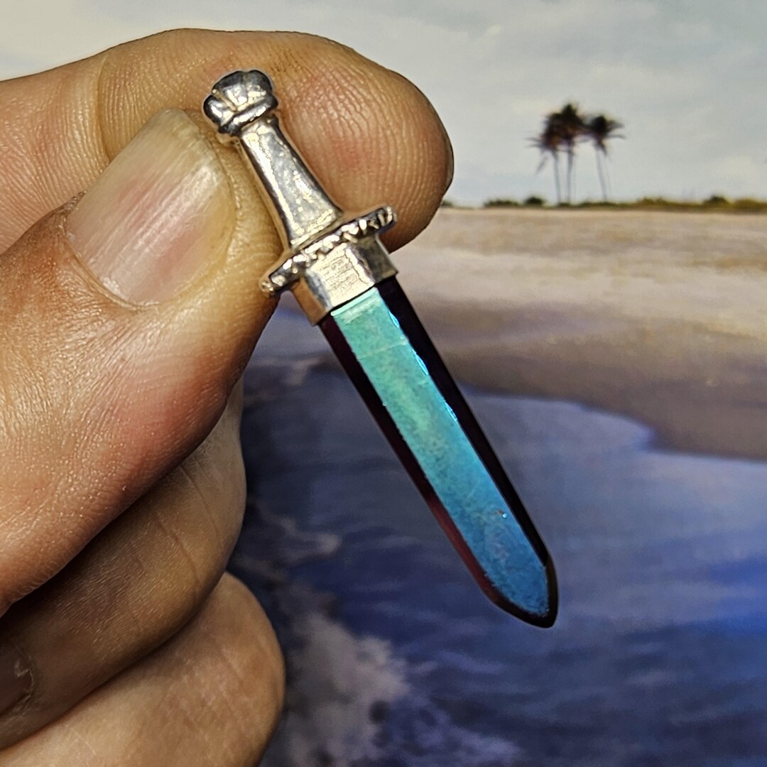 Rainbow Aura Quartz Sword of Stone Pendant: Sterling Silver Blade ...
