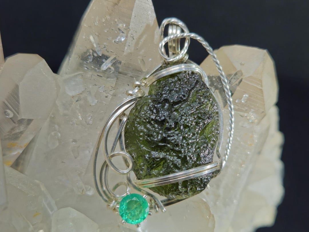 Genuine Moldavite Pendant Sterling Wire Art With an Emerald Accent ...