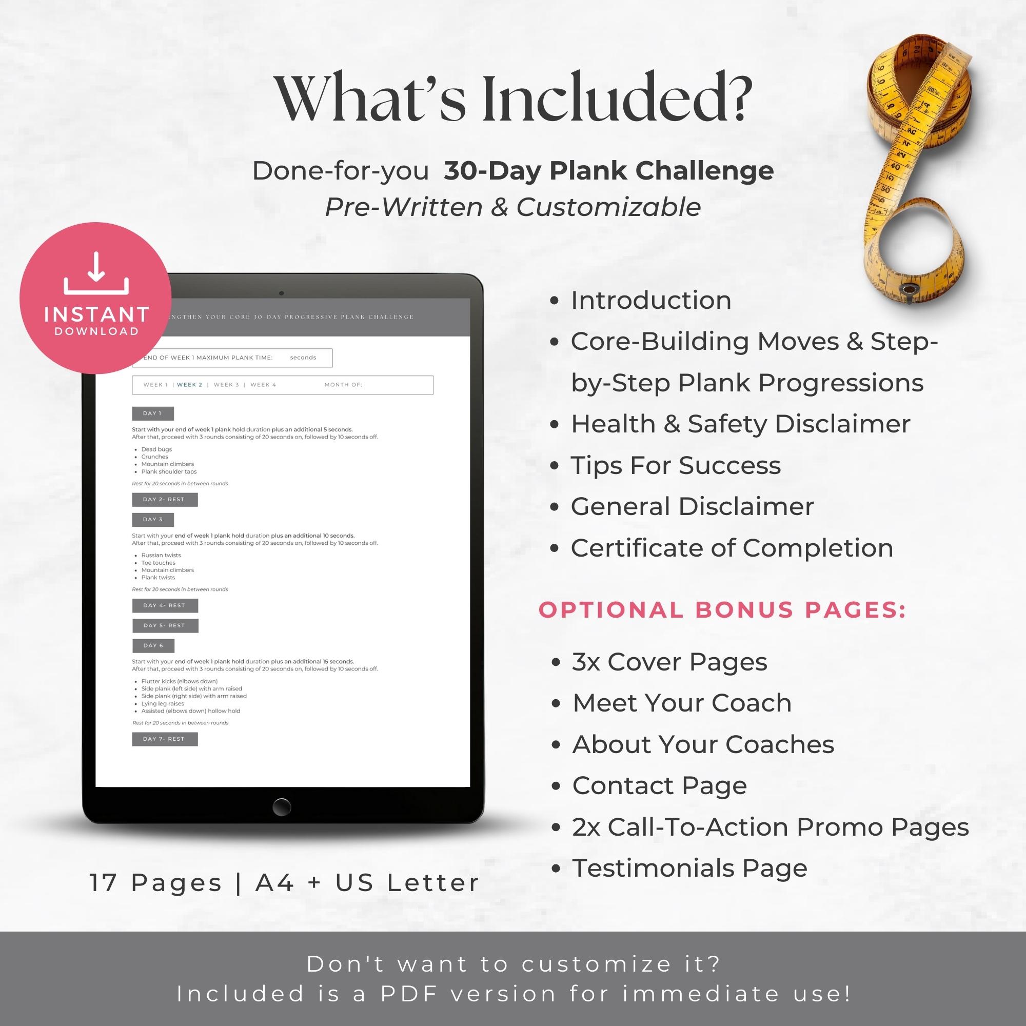 30-day Plank Challenge Guide, Core Workout Routine Printable, Fitness ...