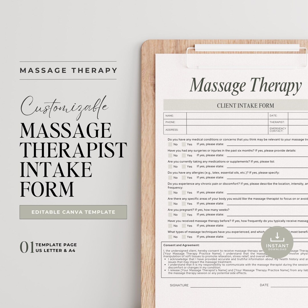 Massage Client Intake Form for Massage Therapy Business Professional ...