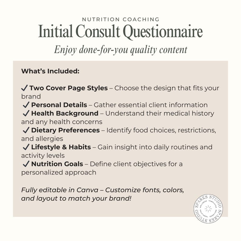 Nutrition Coach Intake Form Client Questionnaire, Health Coach ...