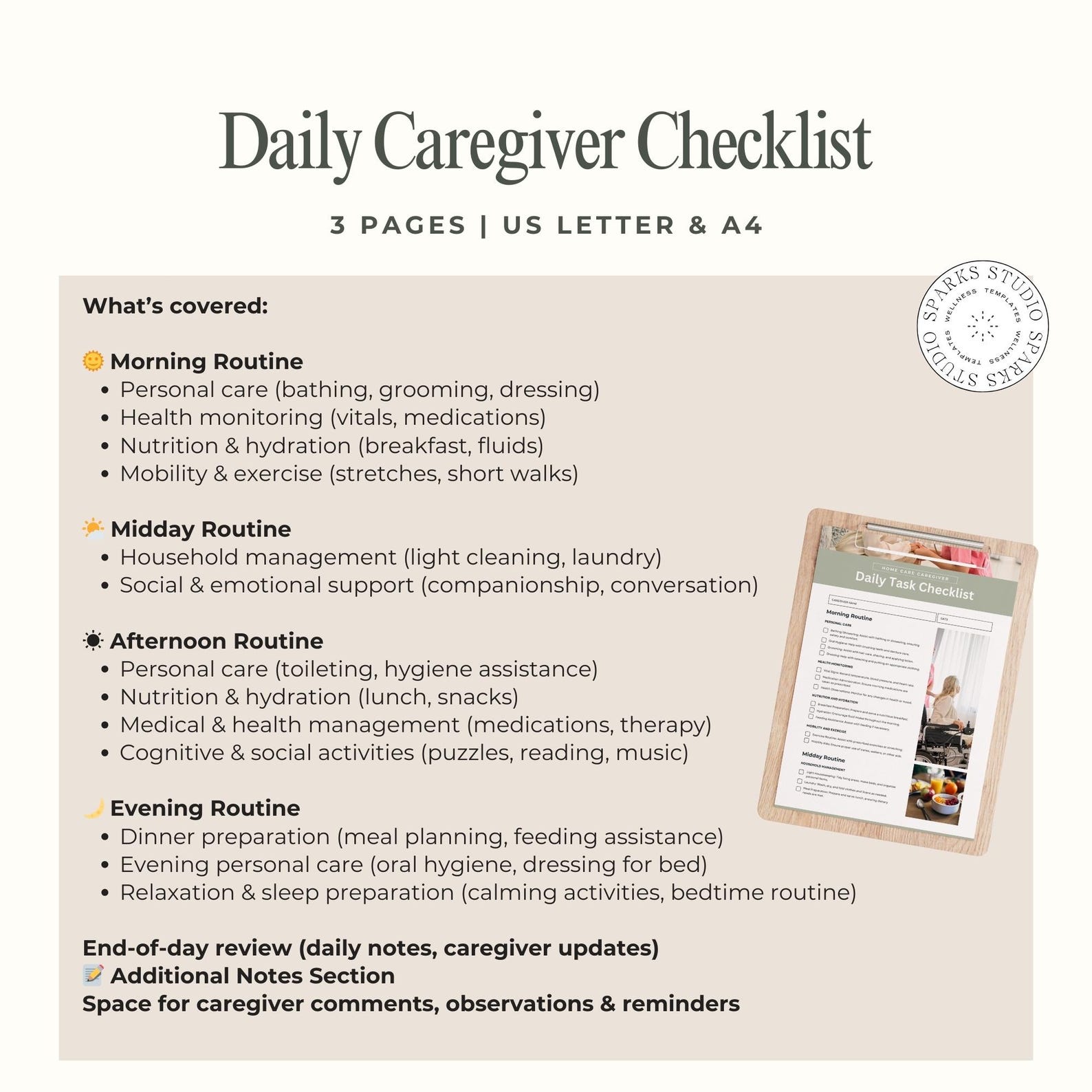 Caregiver Daily Log, Printable Home Health Care Checklist, Senior Care ...