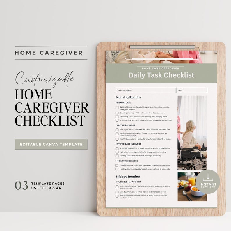 Caregiver Daily Log, Printable Home Health Care Checklist, Senior Care ...